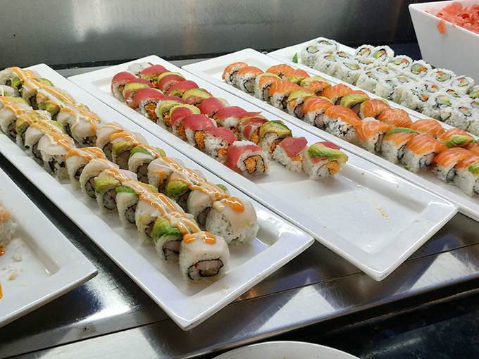 Sushi that defies buffet expectations &ndash; colorful, fresh, and artfully arranged. A pleasant surprise, like finding extra cash in your pocket.