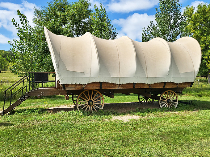 The original RV: no satellite dish, no bathroom, but 100% authentic frontier transportation. The covered wagon stands as a monument to westward expansion.