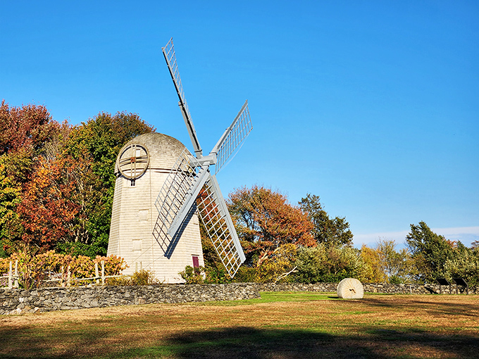 The historic Jamestown Windmill stands proudly against autumn's canvas, its wooden arms a reminder of simpler technologies that still captivate our imagination.