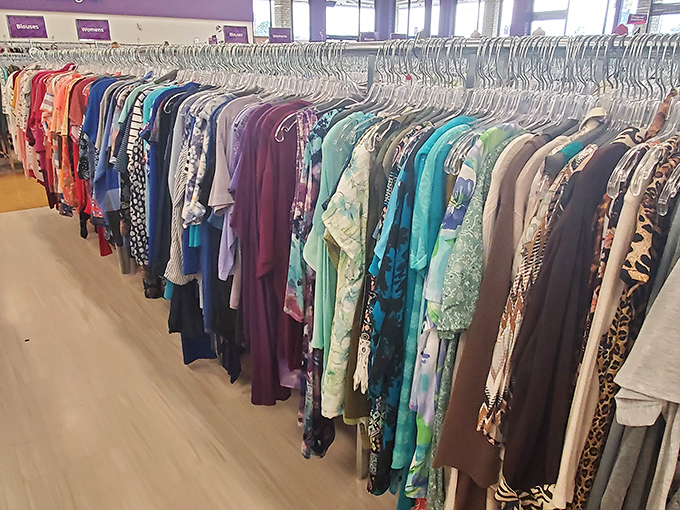 The rainbow of possibilities hanging neatly in rows. Each garment waits patiently for its second chance to make a first impression.