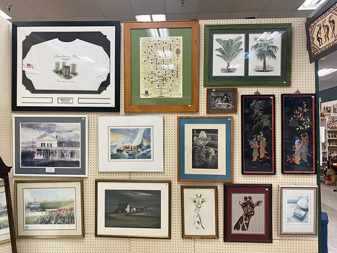 A wall where art meets nostalgia. From palm trees to sailing ships, these framed pieces are waiting to class up your guest bathroom.