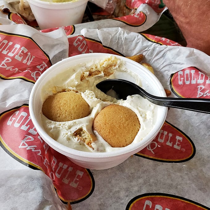 That banana pudding whispers sweet Southern secrets&mdash;vanilla wafers playing hide and seek in clouds of creamy nostalgia.