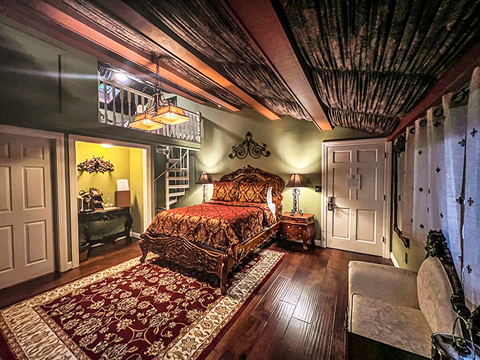 Sleep like medieval royalty without the medieval discomforts. This luxurious bedroom proves castles don't have to be cold and drafty after all.