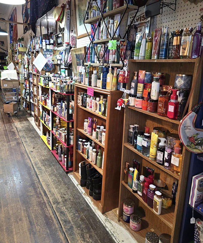 The beauty aisle that puts Sephora to shame. Decades of fragrances line these shelves, each bottle a different era's definition of "smelling good."