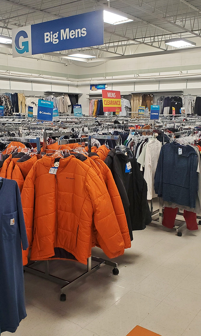 Rows of clothing fill the thrift store, offering great finds for shoppers willing to browse and explore.