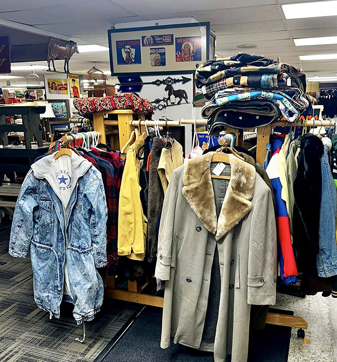 From acid-washed denim to fur-collared elegance, the vintage clothing section offers wearable time travel for fashion adventurers and costume party champions alike.