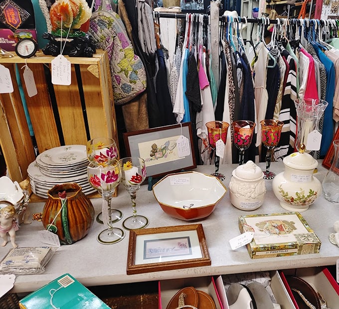 Elegant stemware mingles with practical serving dishes. Someone's wedding registry rejects become your entertaining essentials at a fraction of department store prices.