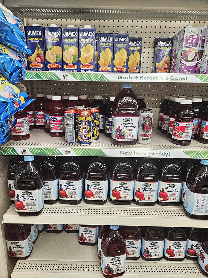 The beverage aisle: where name-brand fruit juices and pomegranate cocktails mingle democratically, all for the same humble price point.
