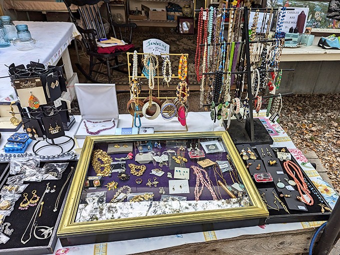Treasure island for jewelry hunters! Gold-toned memories and colorful beads await new wrists and necks. One person's forgotten accessory becomes another's signature piece.