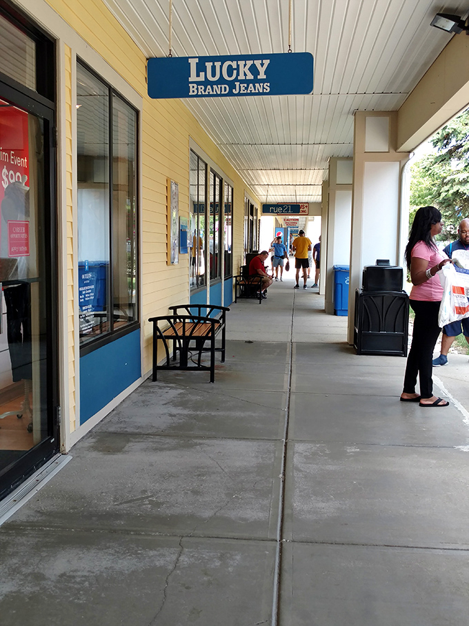 Lucky Brand's covered walkway offers shoppers protection from Maine's famously unpredictable elements while hunting for perfectly distressed denim.