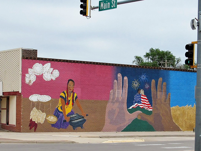 Vibrant murals tell Ulysses' story through art, blending cultural heritage and American pride in a colorful roadside gallery.
