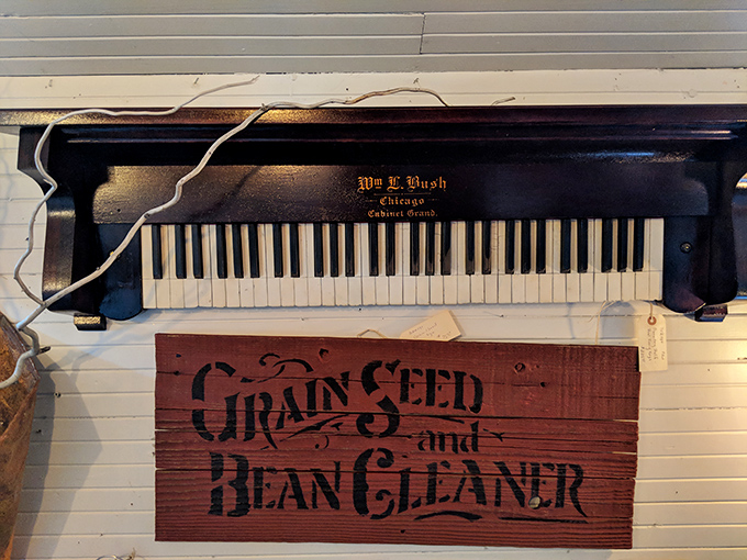 An antique piano keyboard hangs above a "Grain Seed and Bean Cleaner" sign &ndash; musical history and agricultural heritage sharing wall space in perfect harmony.