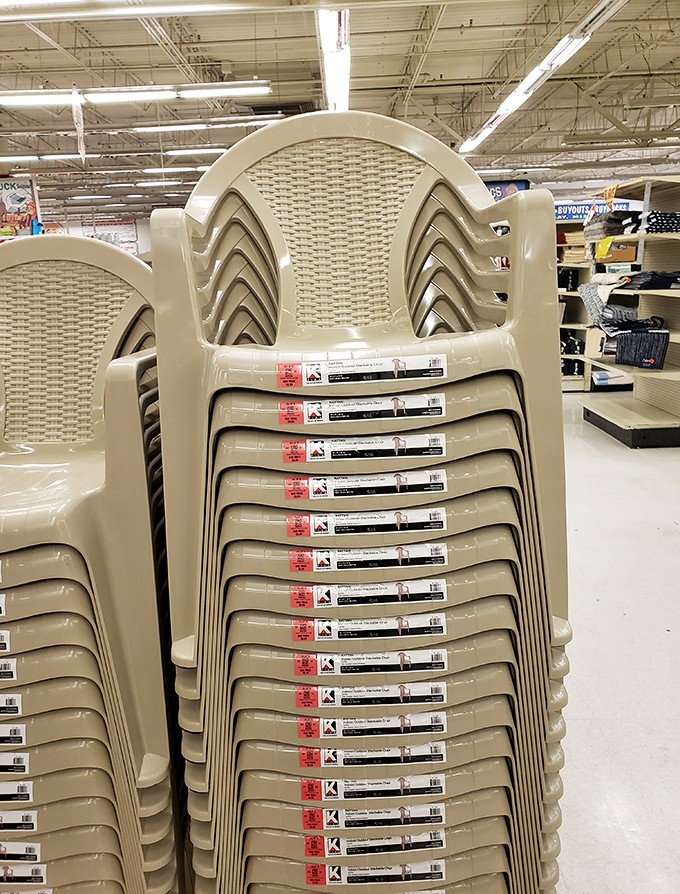 The leaning tower of patio chairs&mdash;enough seating for your next backyard gathering and the three after that. Bargain-priced hospitality awaits.