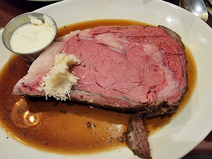 The prime rib in all its rosy glory&mdash;a masterpiece of meat that makes vegetarians question their life choices.