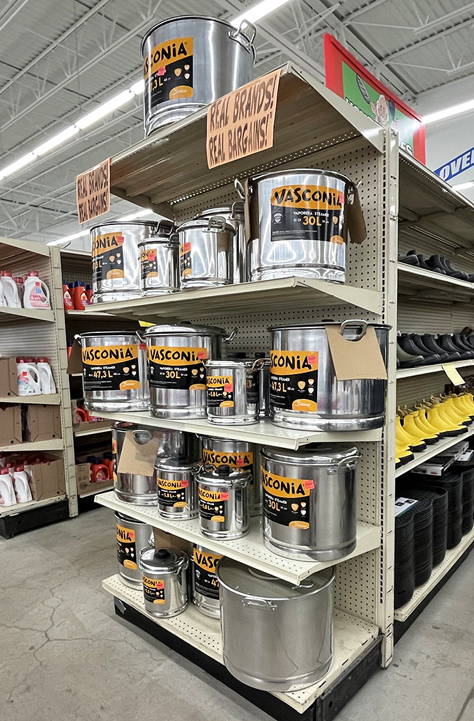 Shiny metal pots lined up like soldiers ready for kitchen duty. These Vasconia beauties are the "real brands, real bargains" Ollie's proudly promises.