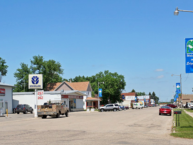 Edgeley's business district offers everything you need without big-city hassles. That "Welcome to Edgeley" banner isn't just signage&mdash;it's a genuine invitation.