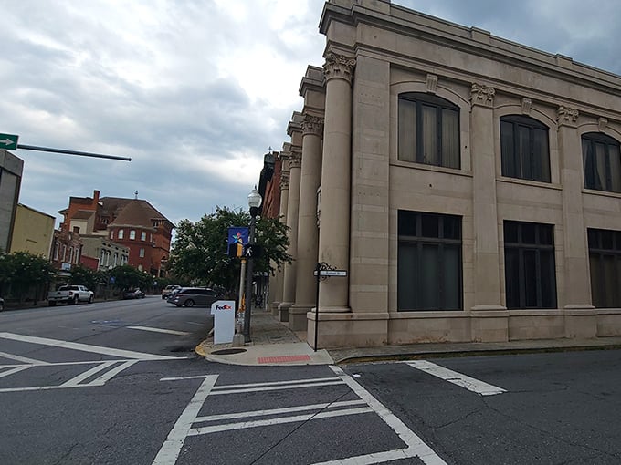 Classical columns meet brick storefronts in this architectural mash-up that somehow works perfectly, like putting bacon on absolutely anything.