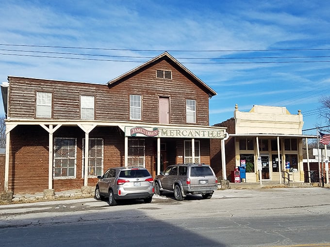 Main Street simplicity at its finest&mdash;wooden storefronts that have weathered decades tell stories no modern shopping center ever could.