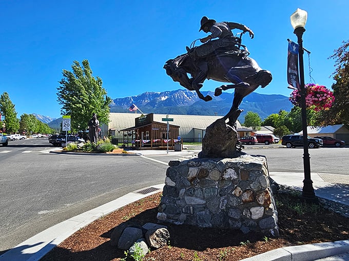 This magnificent bronze sculpture of a bucking bronco captures Joseph's spirit&mdash;wild, artistic, and firmly rooted in its Western heritage, all with the Wallowas standing sentinel in the background.