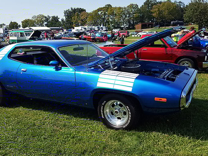 Detroit's finest take a Pennsylvania vacation. This gleaming blue Plymouth Road Runner would make any car enthusiast's heart race faster than a V8 engine.