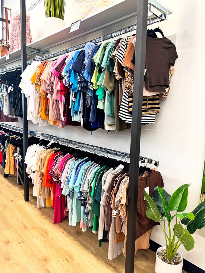 Rainbow racks of possibility! Every hue imaginable stands ready to refresh your wardrobe without emptying your wallet.