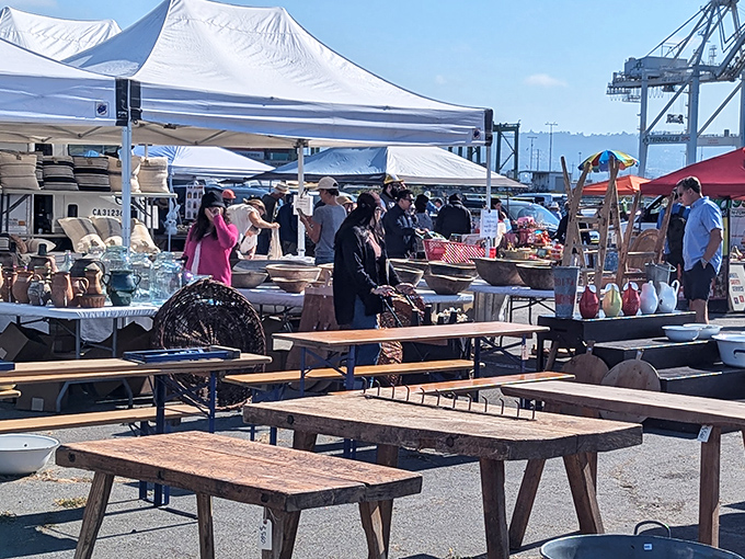 Bay Area's finest finds! Alameda Point Antiques Faire offers vintage shopping with San Francisco's skyline as backdrop.
