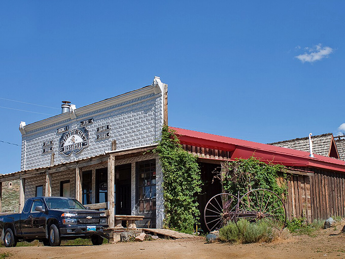 Historic storefront in Atlantic City, Wyoming, with decorative tin facade and rustic Western charm.