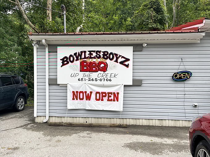 BowlesBoyz's simple sign tells you everything you need to know: authentic BBQ awaits up this creek.