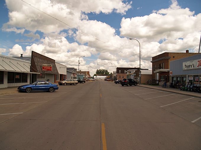 Cavalier's main street stretches under endless blue skies, inviting you to slow down and savor simple prairie living.