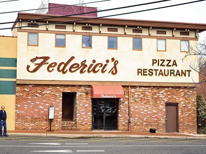 Federici's bold signage stands out against classic brick. Freehold's pizza institution has the confidence that comes with decades of perfection.