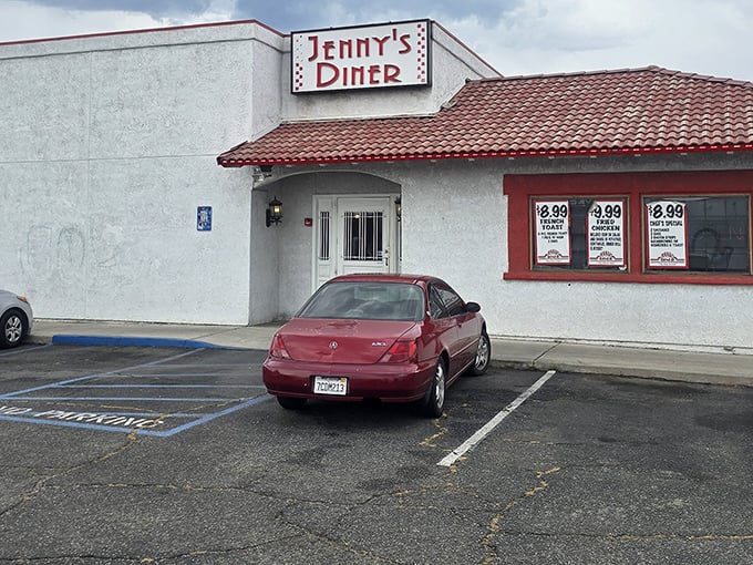Jenny's bright white walls and distinctive red tile roof stand out like a slice of diner paradise.