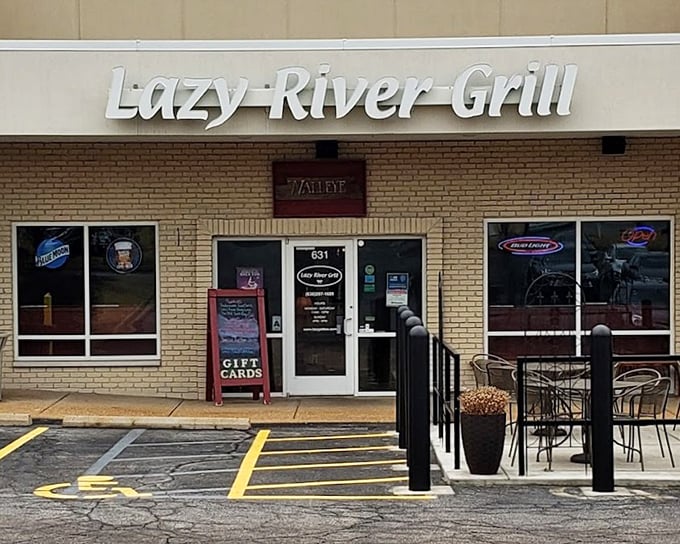 Lazy River Grill's welcoming entrance promises seafood comfort in a no-fuss setting that locals adore.