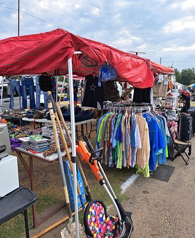 Red tarp wonderland! This Mission Open Air Market stall is a clothing bonanza where $40 might score you an entire summer wardrobe and a leaf blower.