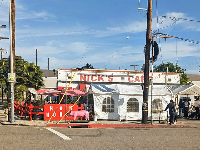 That humble white building with the bold red sign? It's where Los Angeles comes for ham and eggs worth writing home about.