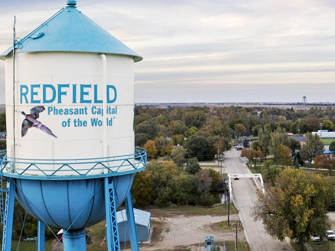 Redfield's iconic blue water tower proudly announces you've reached the "Pheasant Capital of the World"—no passport required for this small-town landmark.