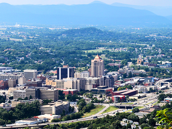 Roanoke's skyline sits nestled against the Blue Ridge Mountains, urban convenience with a spectacular natural backdrop.