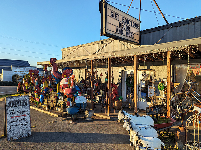 Art prints and vintage decor line the storefront, welcoming shoppers into this cozy Camano Island market.