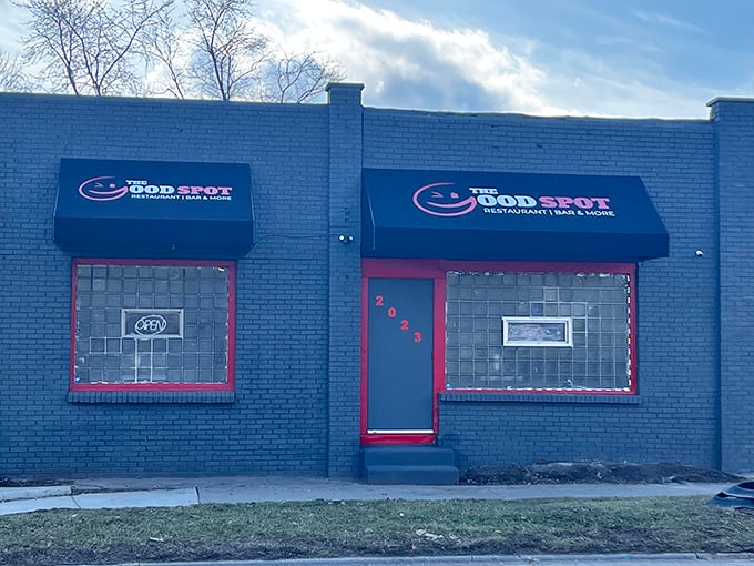 The Good Spot's bold blue exterior with striking red trim stands out like a culinary beacon in Indianapolis.