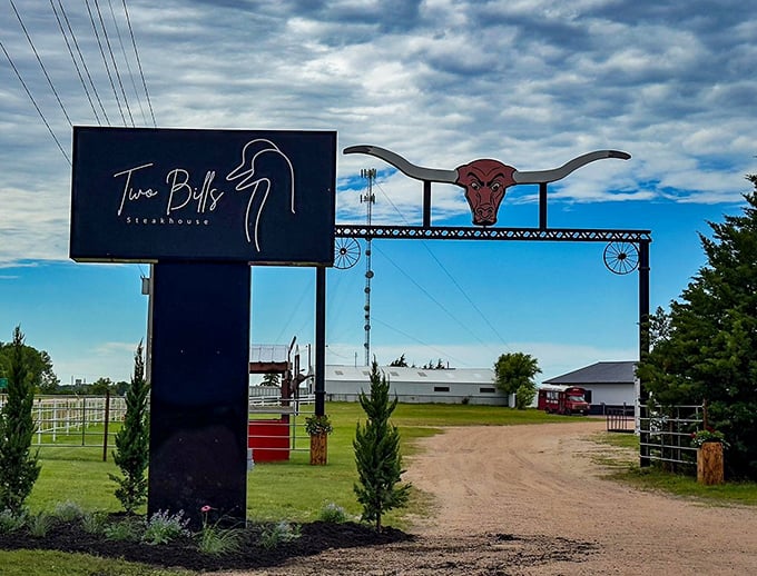 Two Bills announces itself with sleek signage and an impressive bull gate &ndash; a modern ranch entrance leading to old-school steak perfection.