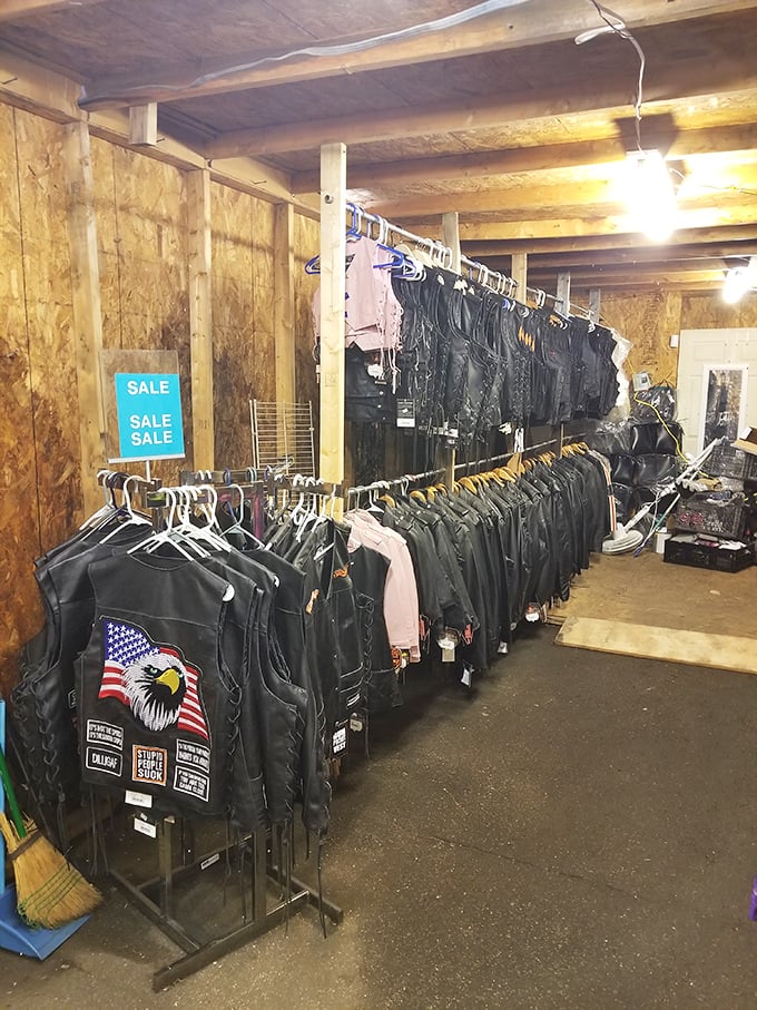 Leather vests hang like trophies waiting to be claimed. Each one tells a story&mdash;or at least pretends to have an interesting past.