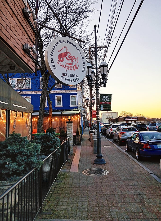 Capri Seafood's vintage sign glows at dusk on DePasquale Avenue &ndash; a beacon for those seeking Italian-inspired ocean delights.
