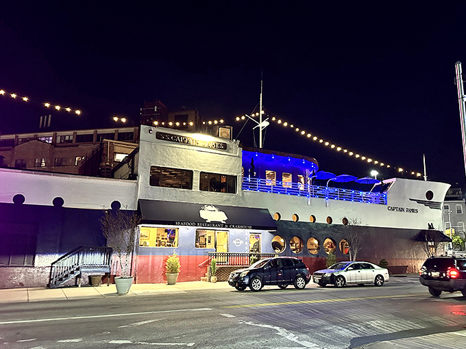 By night, this illuminated vessel becomes a beacon for the seafood-starved. No life jackets required.