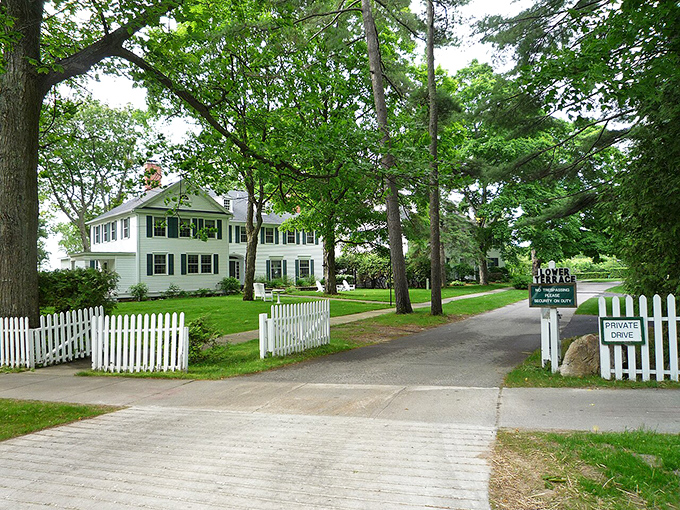 White picket fences and historic homes create a New England postcard scene that's actually pure northern Michigan at heart.
