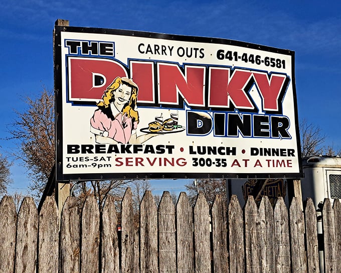 Dinky Diner's roadside sign boasts "Serving 300-35 at a time" &ndash; a small-town promise of big-time flavor worth the detour.