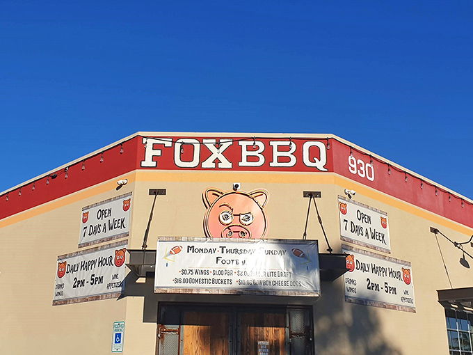 The bold FOXBBQ sign stands against the Nevada sky like a beacon for hungry travelers. Happy hour and smoky ribs&mdash;name a better duo!