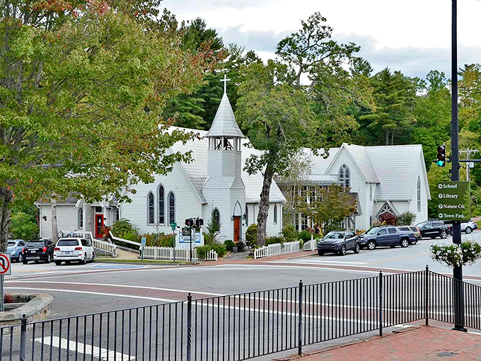 The white church in Highlands stands as a reminder of simpler times. Norman Rockwell would have set up his easel right here!