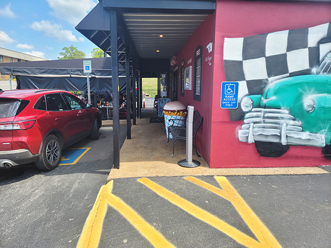 The checkered flag motif isn't just decoration—it's a hint that your taste buds are about to win the flavor race at Hot Rods.