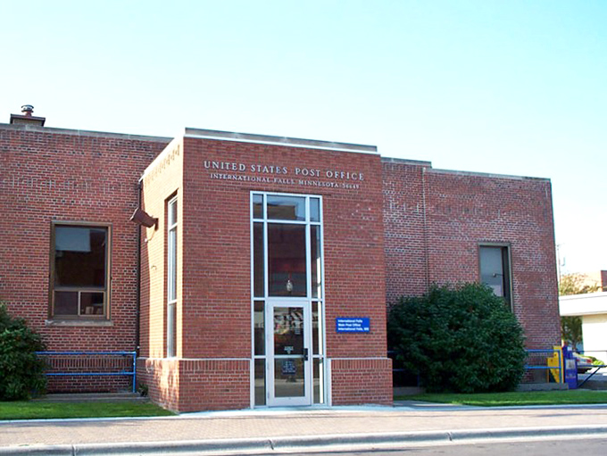 The no-nonsense brick post office in International Falls represents the practical, affordable lifestyle that makes this border town retirement-friendly.