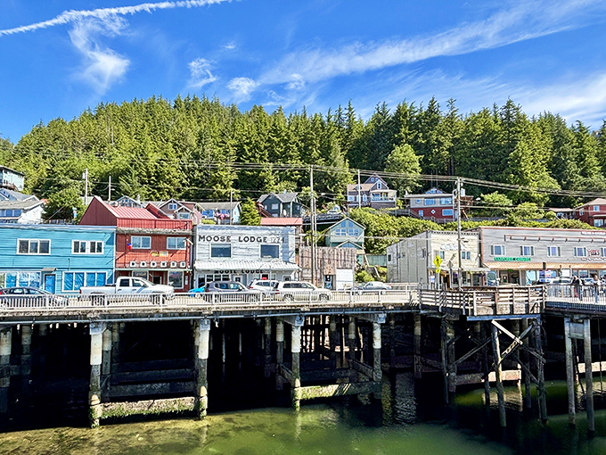 Ketchikan's colorful waterfront buildings seem to be having their own conversation with the forested mountains behind them.