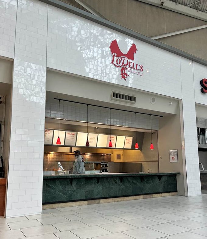 That bold red logo against white tile is like a bullseye. LoRell's knows exactly what hungry shoppers are aiming for.